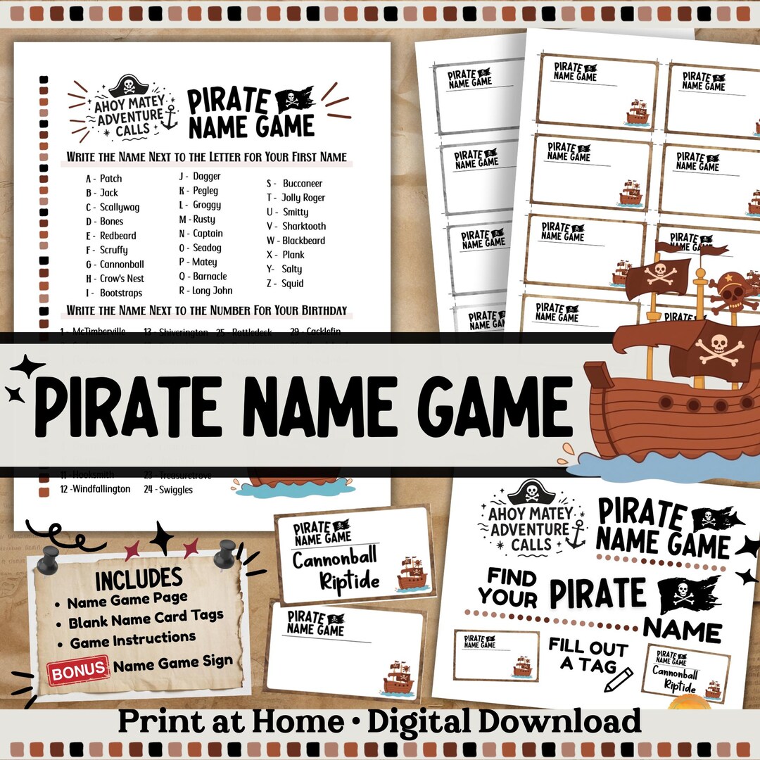 What's Your Pirate Name Game: Printable Birthday Party Name Generator Activity With Sign and ...