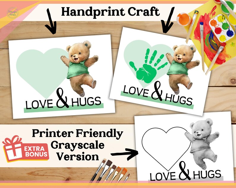 Teddy Bear Handprint Art, Green Heart First Father's Day Keepsake Gift ...