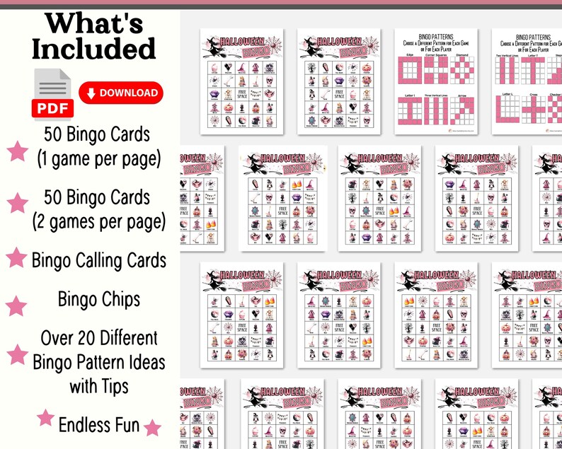 Pink Halloween Bingo Game Printable PDF, 100 Bingo Cards Bundle, Witch ...
