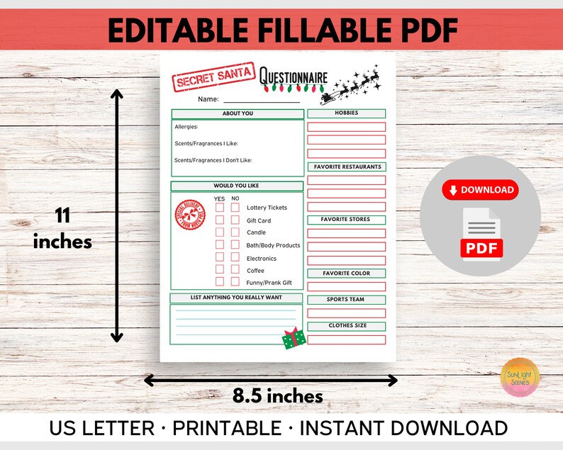 Secret Santa Questionnaire Fillable PDF, Office Party Gift Exchange ...