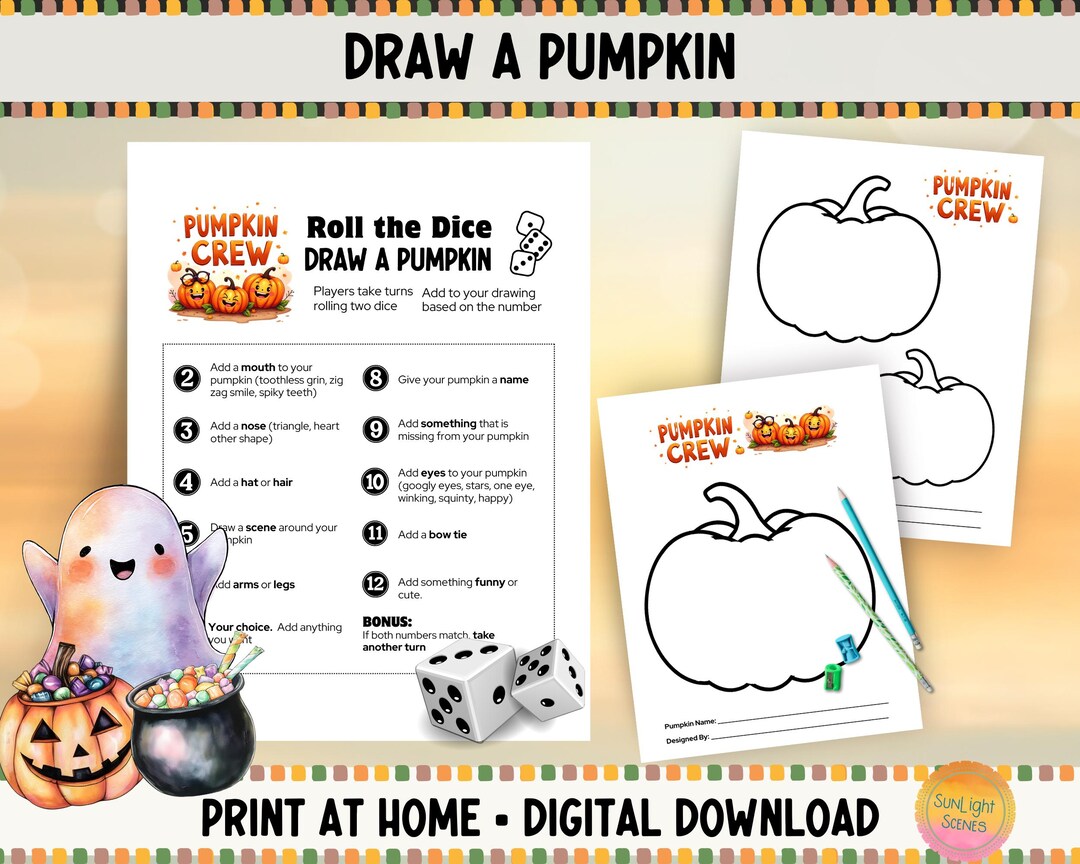 Roll a Pumpkin Halloween Game: Kids Activity, Coloring Page (PDF ...