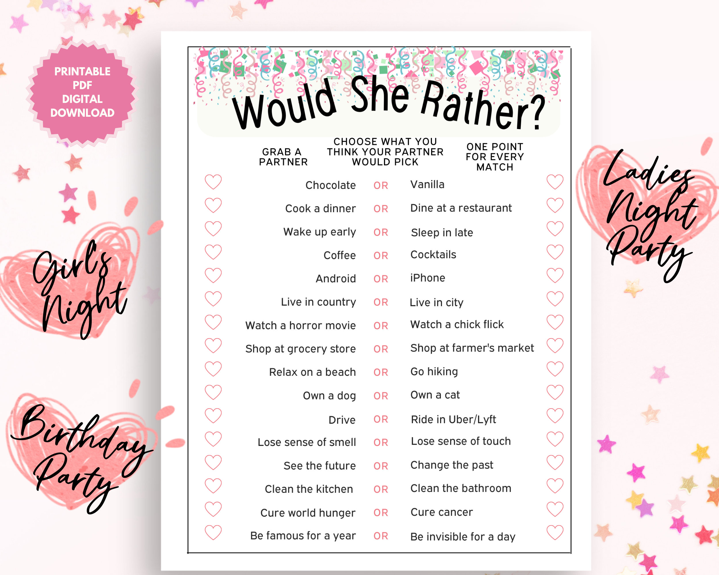 Would She Rather Printable Party Game Ladies Night Out, Fun Girls Night ...