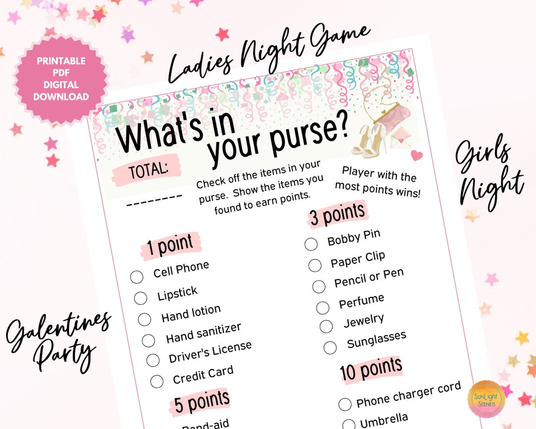 What's in Your Purse Pink Ladies Night Game, Girls Night in Weekend ...