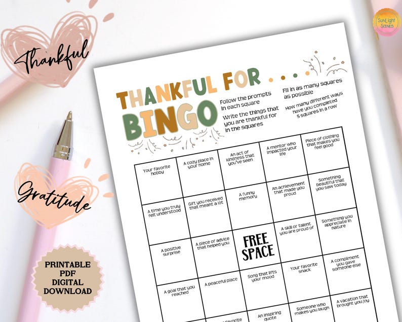 Thankful for Bingo Mindfulness PDF Game, Gratitude Activity Self ...