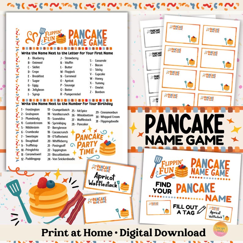 Pancake Name Game With Sign and Blank Name Tags Template, Printable PDF ...
