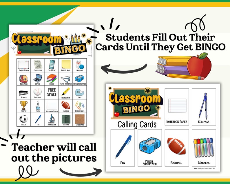 Classroom Bingo Game Cards Printable, School Supply Bingo Kids Game ...