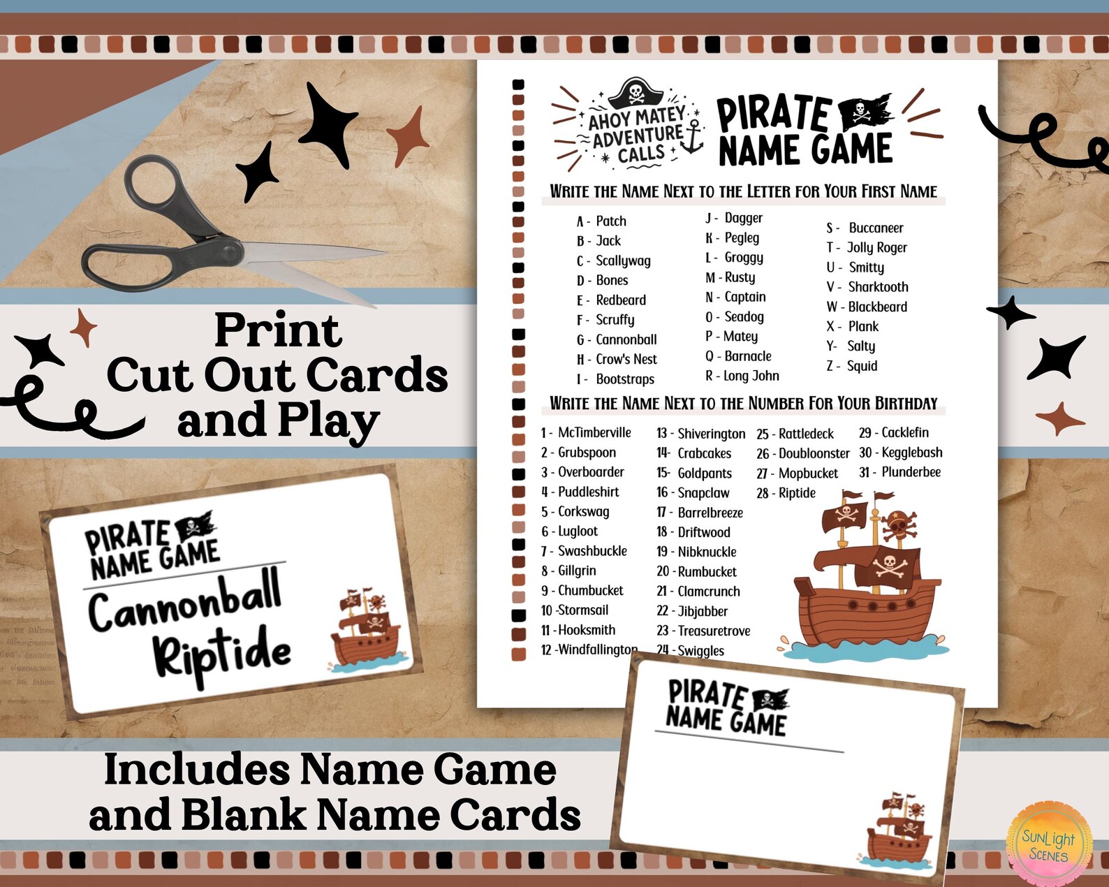 What's Your Pirate Name Game: Printable Birthday Party Name Generator Activity With Sign and ...