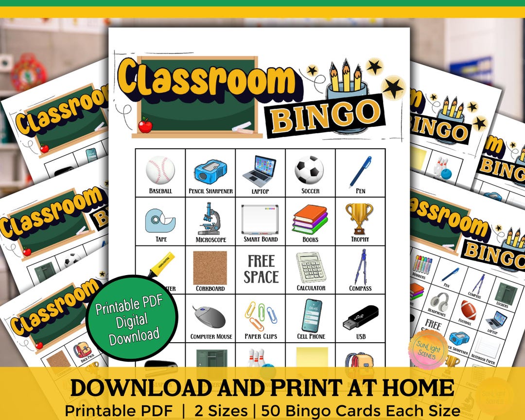 Classroom Bingo Game Cards Printable, School Supply Bingo Kids Game ...