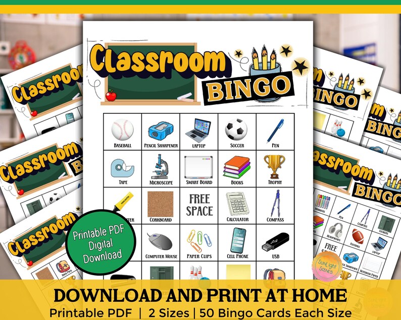 Classroom Bingo Game Cards Printable, School Supply Bingo Kids Game ...