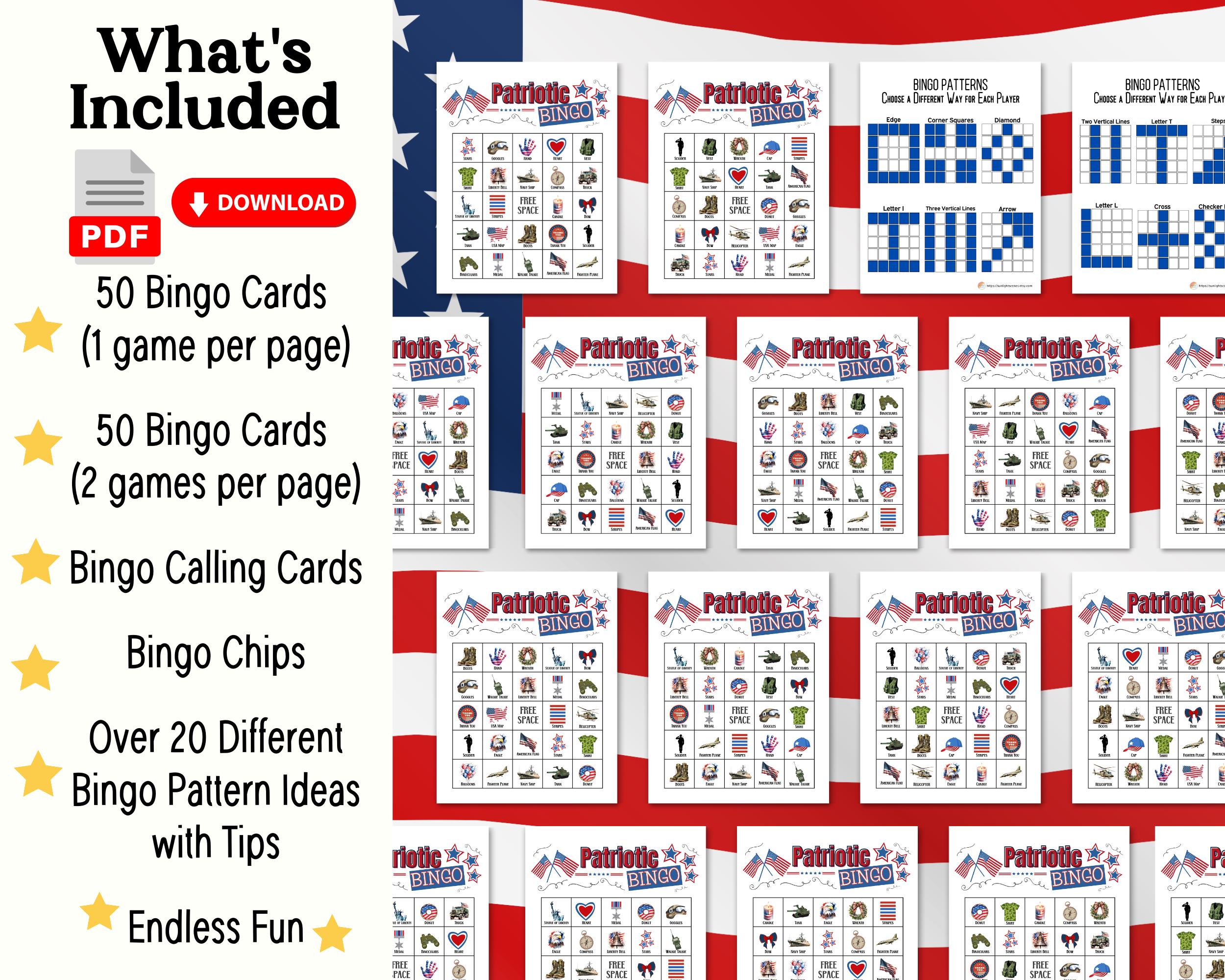 Patriotic Printable Bingo Cards, Veterans Day Party Game, USA Memorial ...