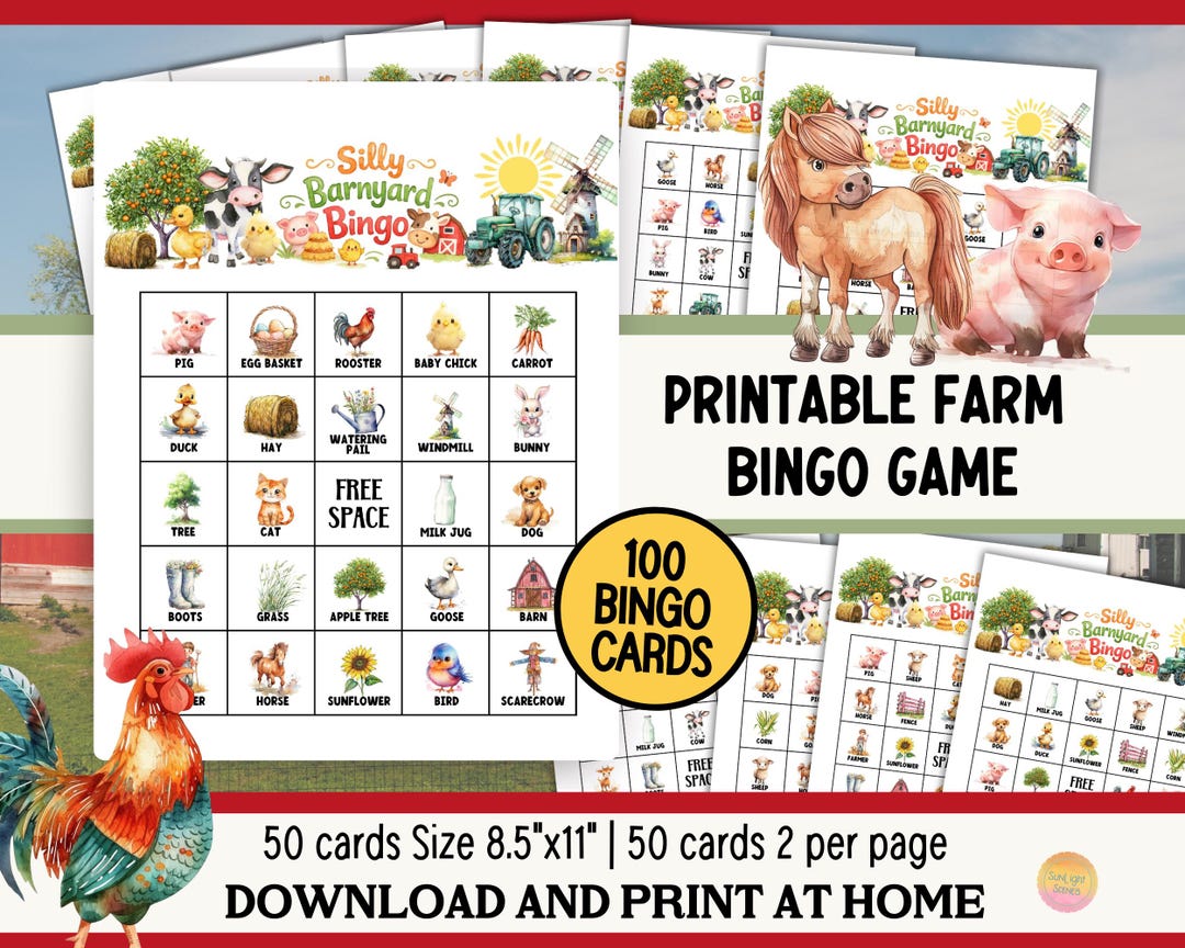 Farm Bingo Game 100 Printable Bingo Cards (PDF Digital Download ...