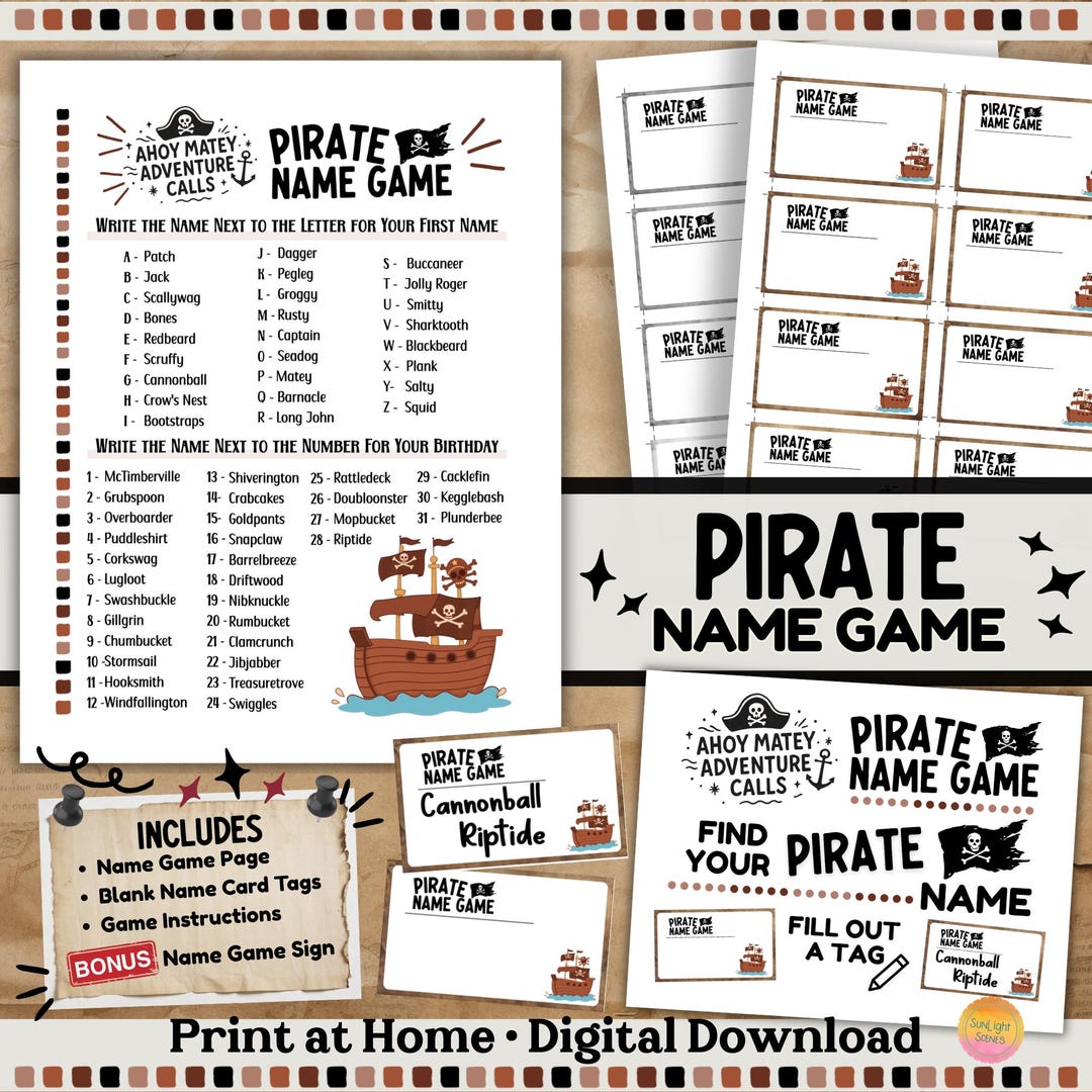 What's My Pirate Name Game With Sign and Blank Name Tags, Printable PDF ...