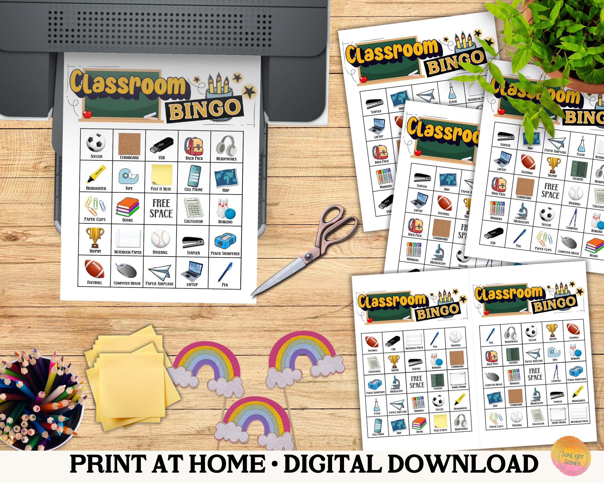 Classroom Bingo Game Cards Printable, School Supply Bingo Kids Game ...
