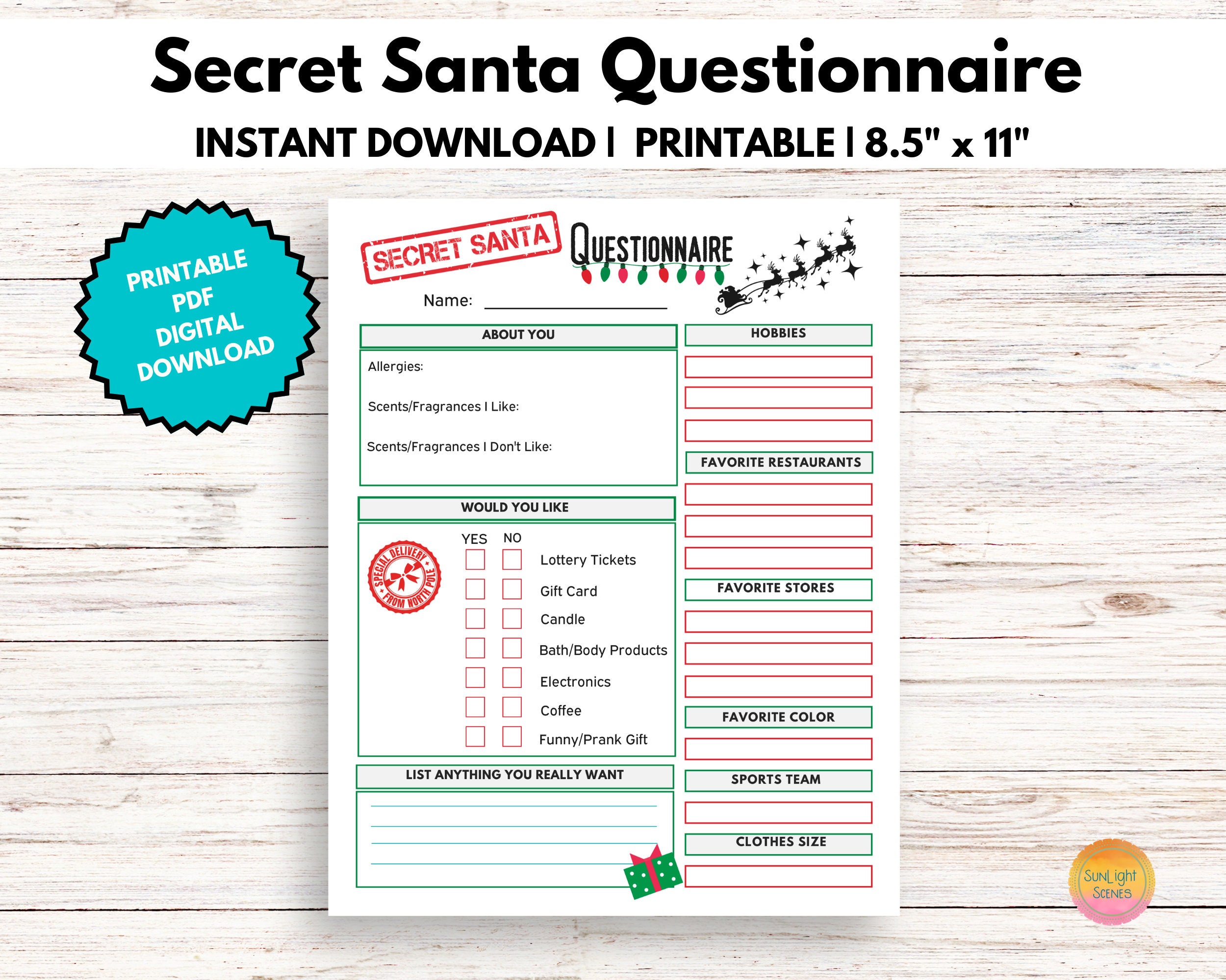 Secret Santa Questionnaire Fillable PDF, Office Party Gift Exchange ...