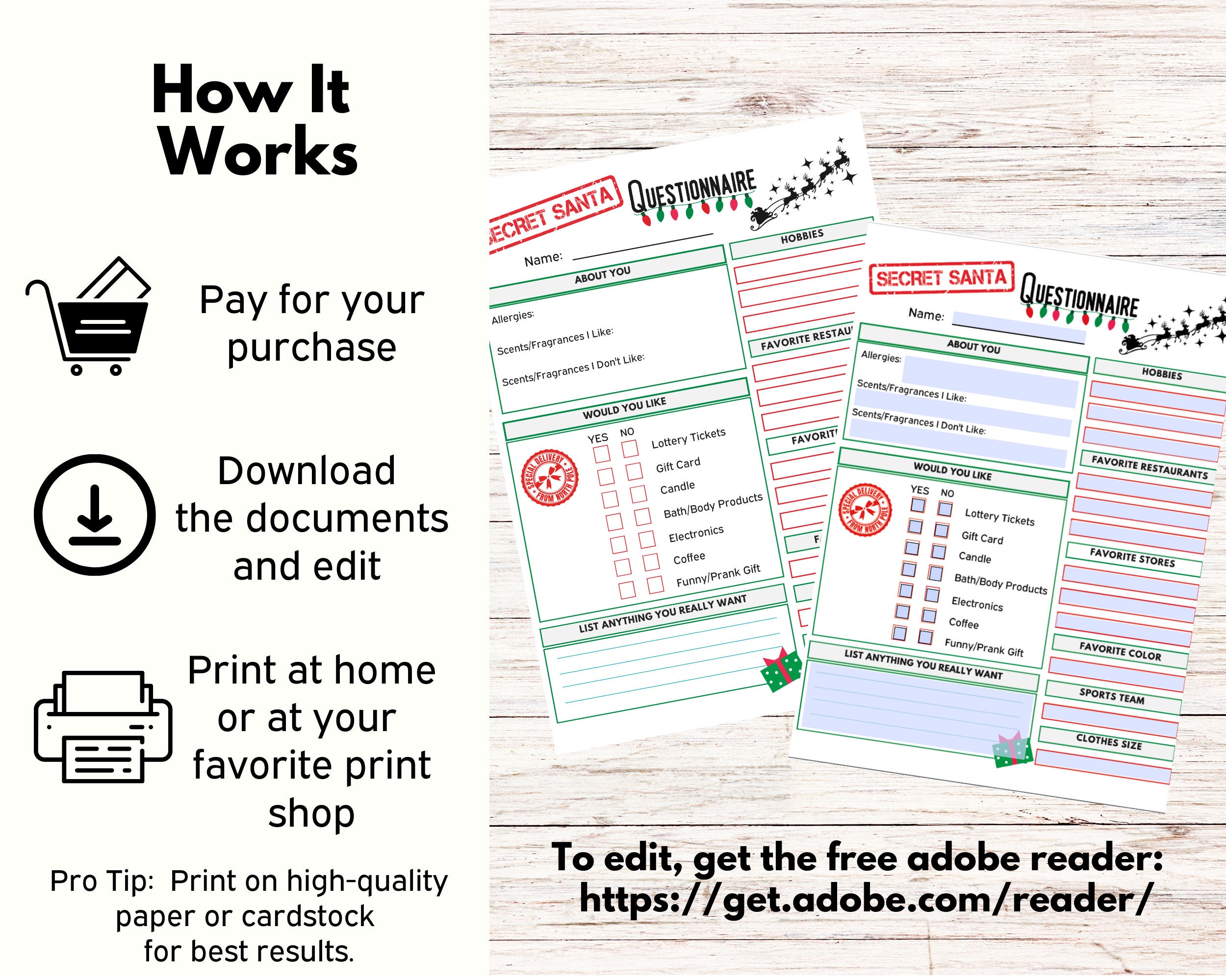 Secret Santa Questionnaire Fillable PDF, Office Party Gift Exchange ...