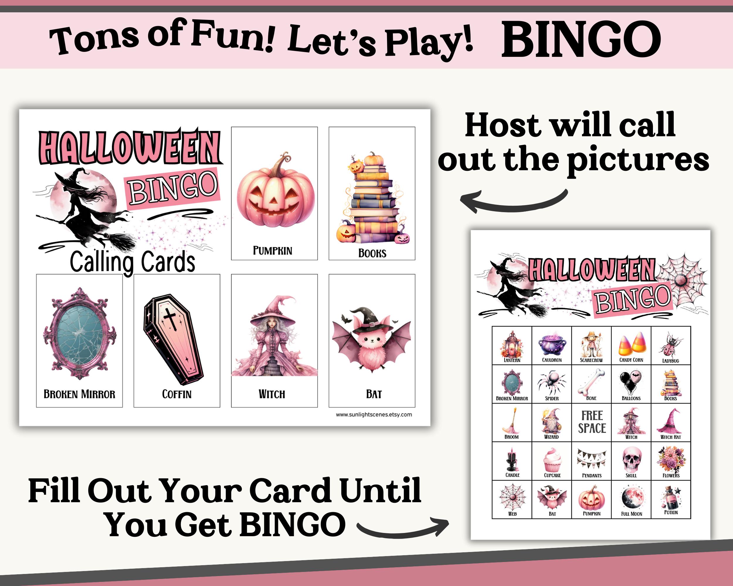 Pink Halloween Bingo Game Printable PDF, 100 Bingo Cards Bundle, Witch ...