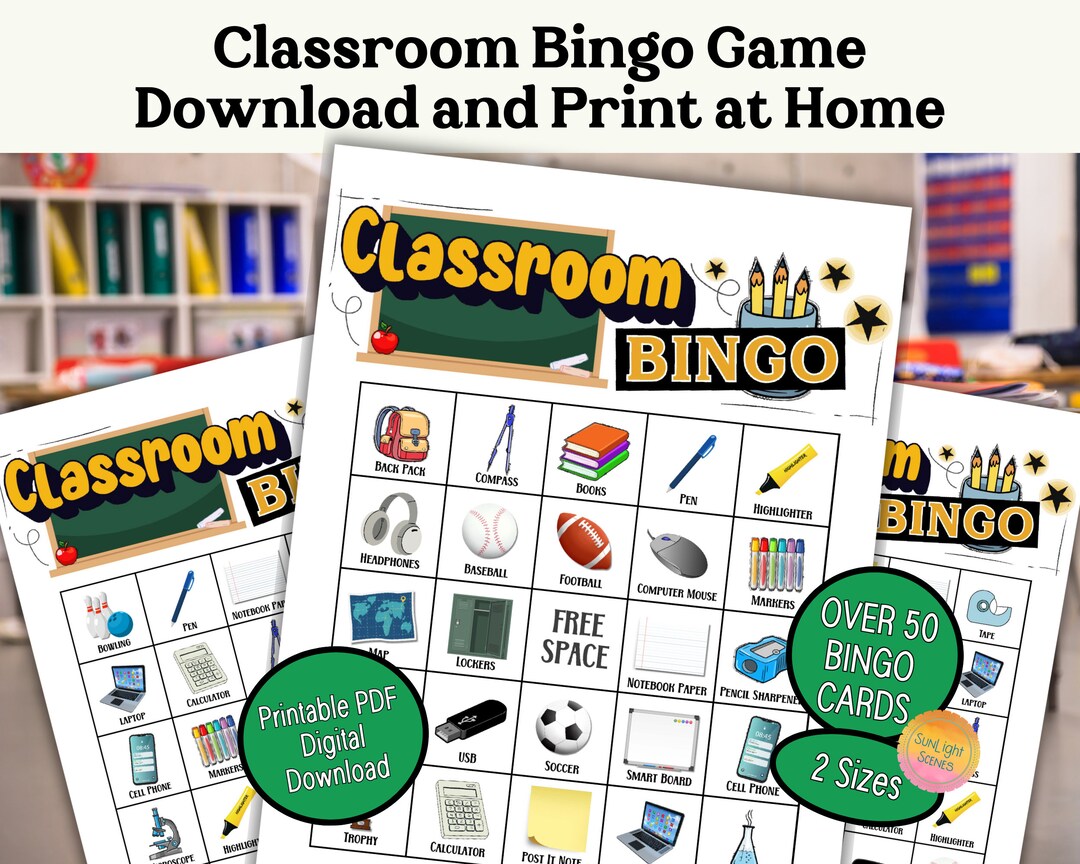 Classroom Bingo Game Cards Printable, School Supply Bingo Kids Game ...