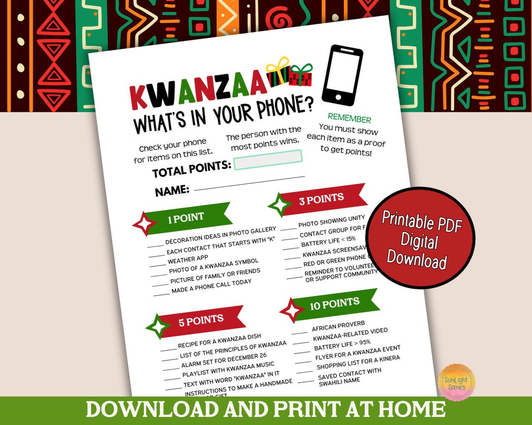 Kwanzaa What's in Your Phone Game Printable PDF, Whats on Your Phone ...