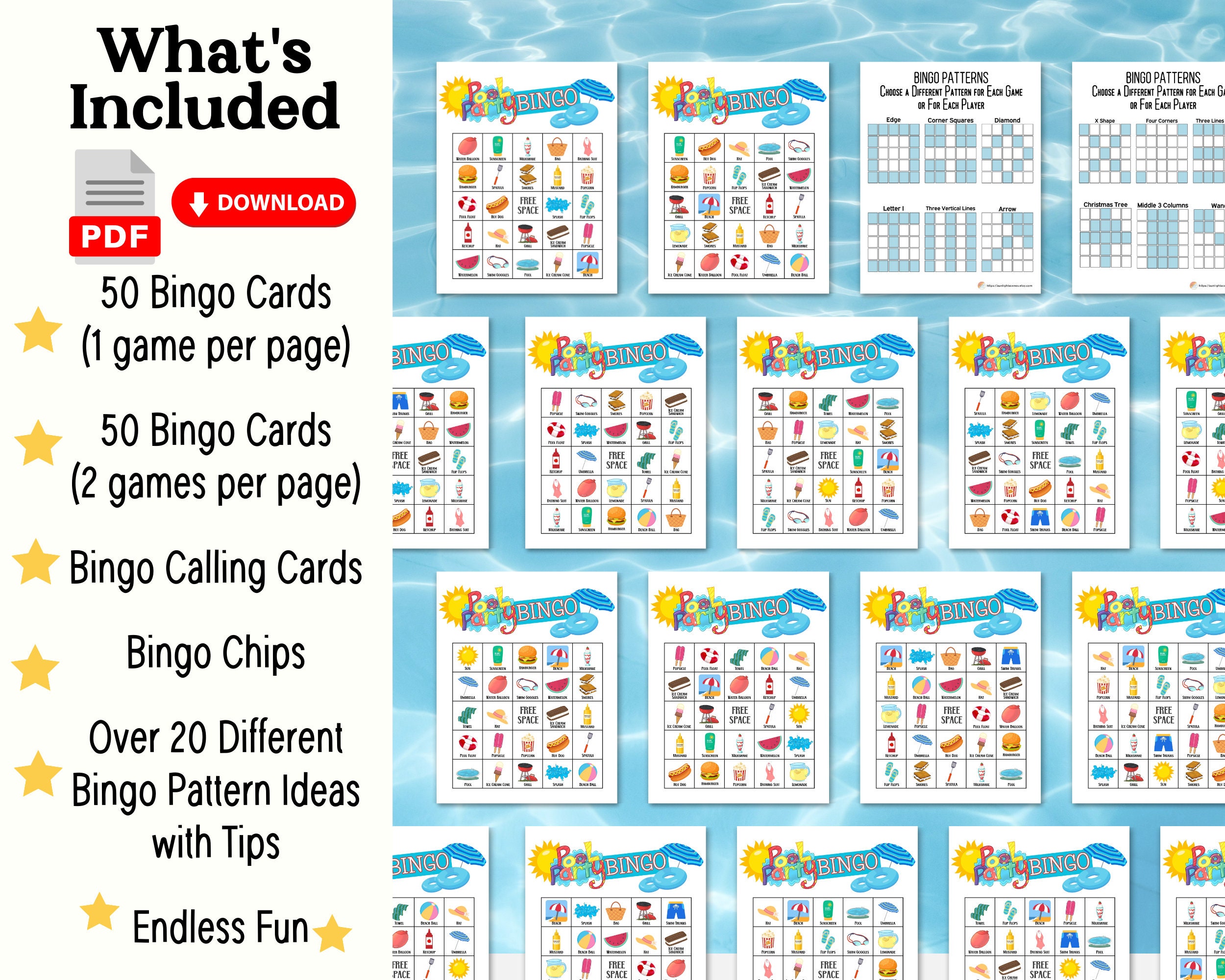 Pool Party Printable Bingo Cards, 100 Bingo Cards Family Reunion Games ...