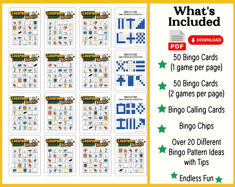Classroom Bingo Game Cards Printable, School Supply Bingo Kids Game ...