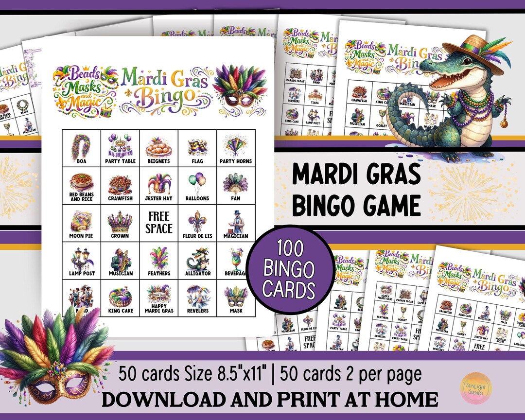 Mardi Gras Bingo Game 100 Cards Bundle (printable PDF Digital Download ...