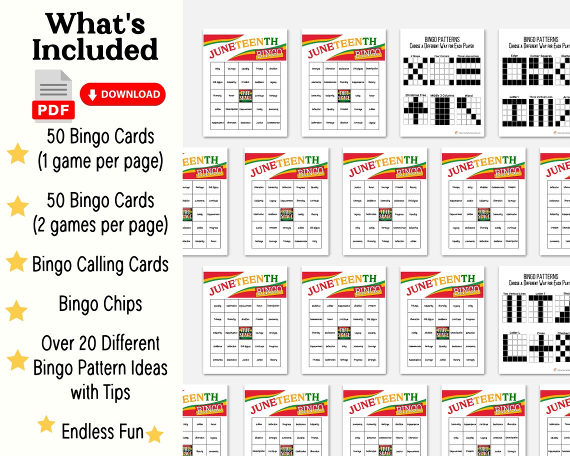 Printable Juneteenth Bingo Cards for Family, Bingo Game Patterns ...