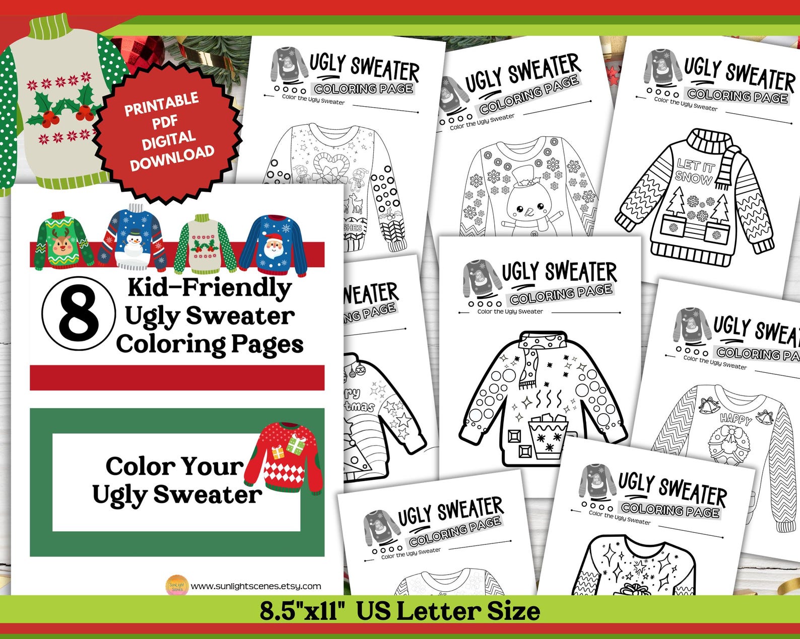 Ugly Sweater PDF Coloring Sheets, Christmas Holiday Kids Craft Drawing ...