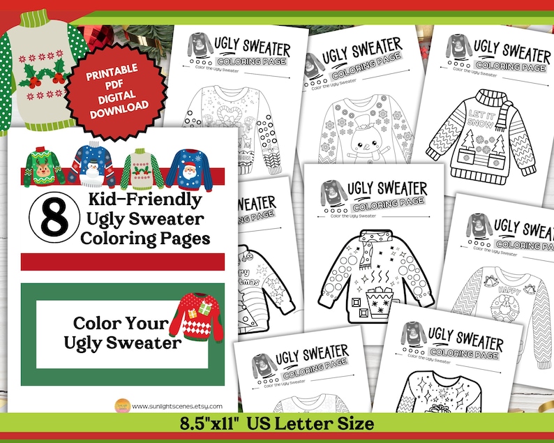Ugly Sweater PDF Coloring Sheets, Christmas Holiday Kids Craft Drawing ...