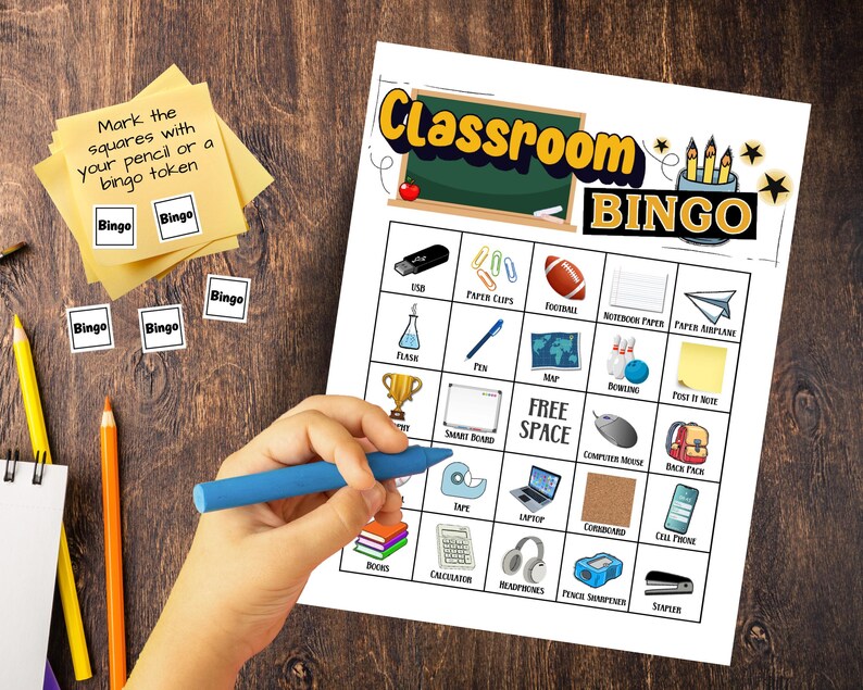 Classroom Bingo Game Cards Printable, School Supply Bingo Kids Game ...