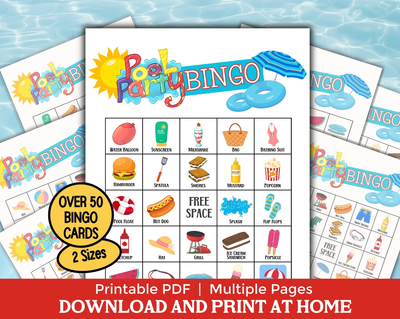 Pool Party Printable Bingo Cards, 100 Bingo Cards Family Reunion Games ...