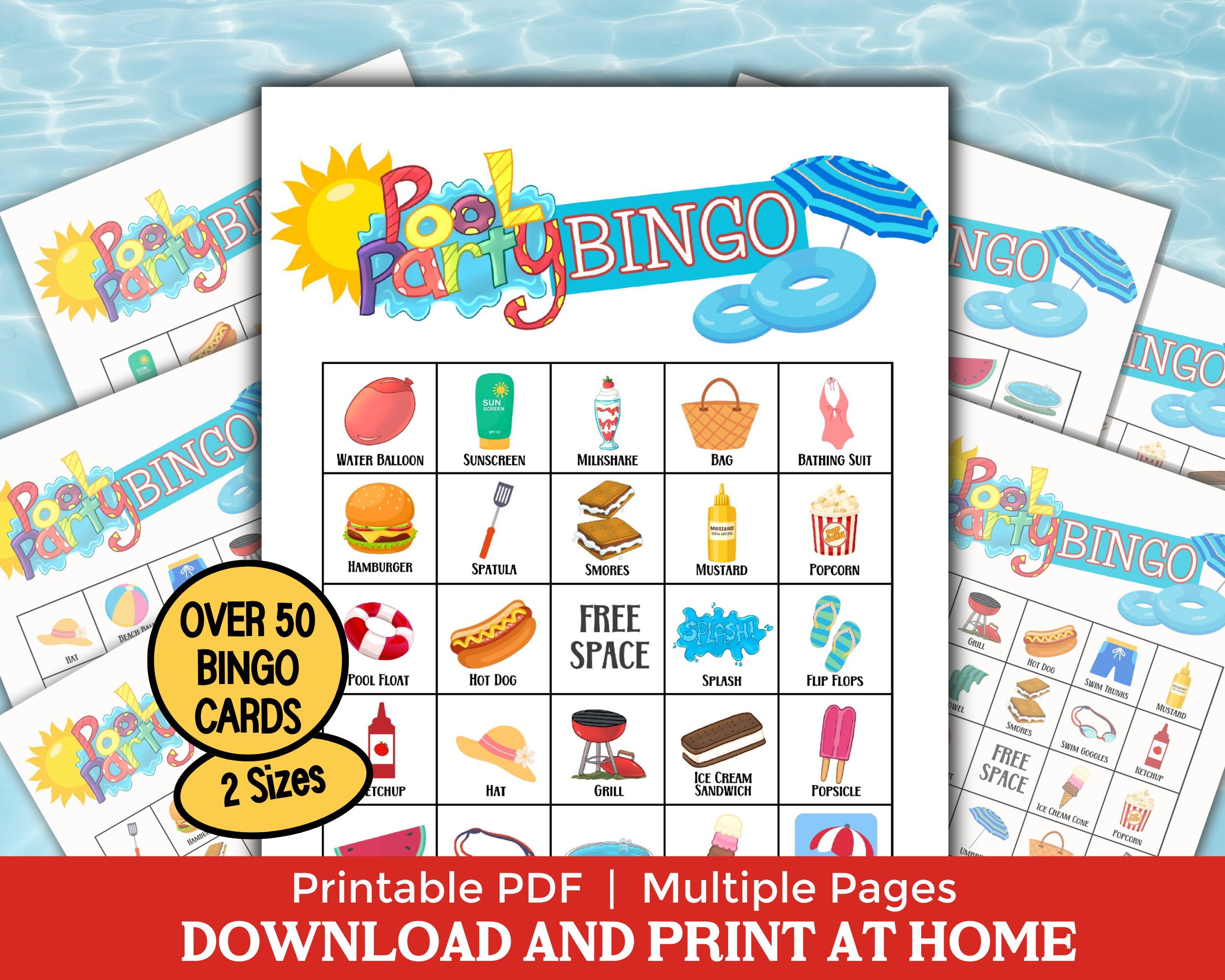 Pool Party Printable Bingo Cards, 100 Bingo Cards Family Reunion Games ...