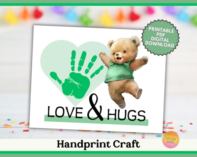 Teddy Bear Handprint Art, Green Heart First Father's Day Keepsake Gift ...