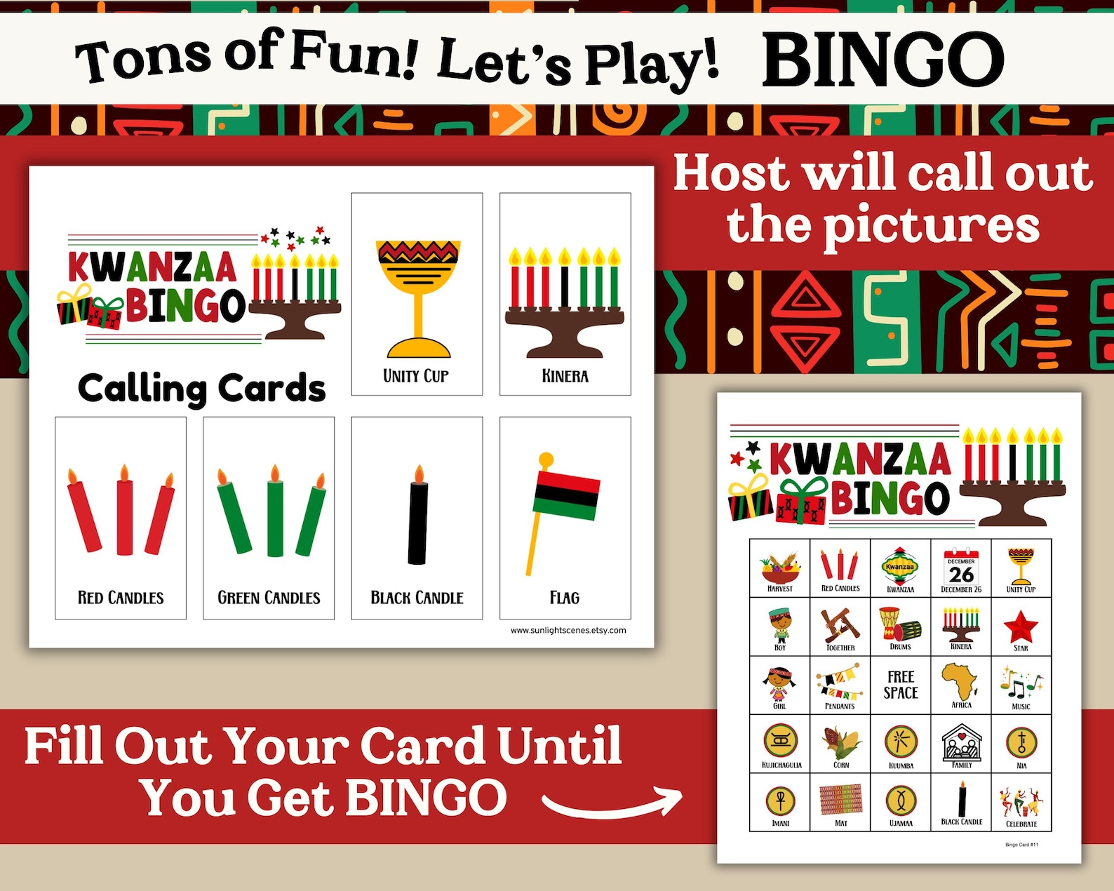 Kwanzaa Bingo Game Printable PDF, 100 Bingo Cards Bundle, Seven ...