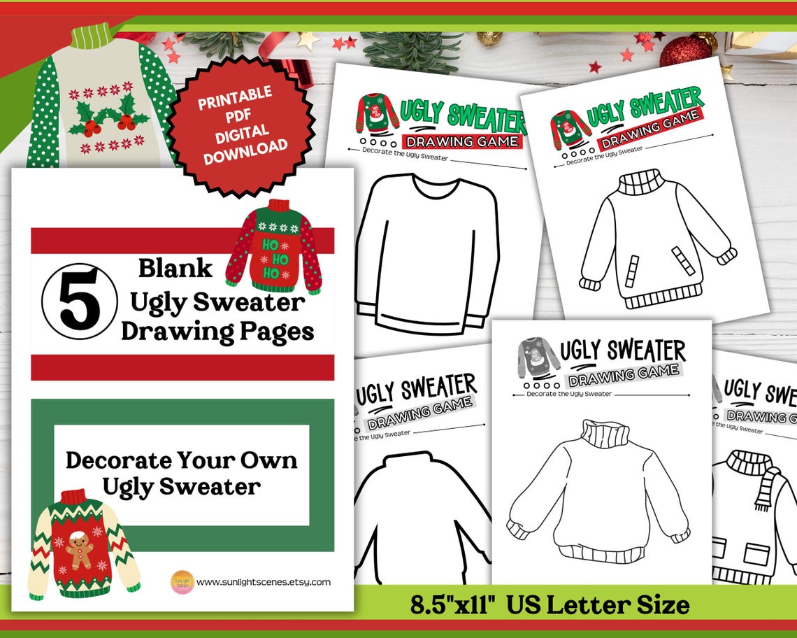 Ugly Sweater PDF Coloring Sheets, Christmas Holiday Kids Craft Drawing ...