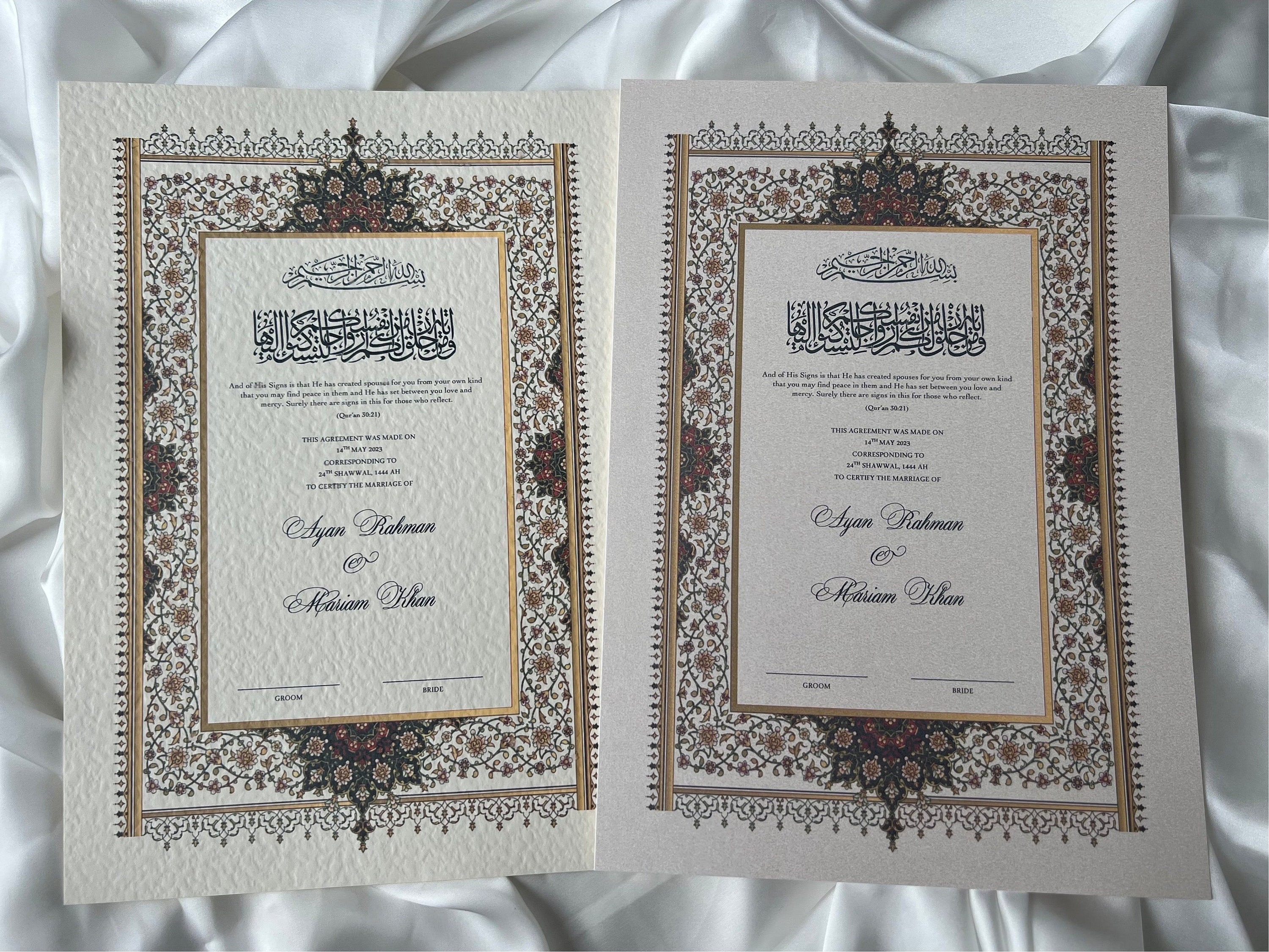 Nikah Certificate, Islamic Wedding Contract, Nikkah Nama, Muslim ...