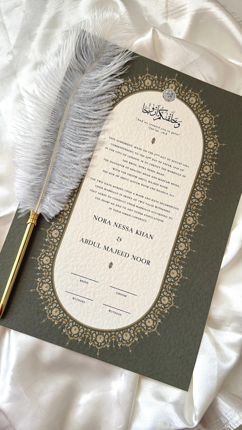 Nikah Certificate in Sage Green, Islamic Wedding Contract, Nikkah Nama ...