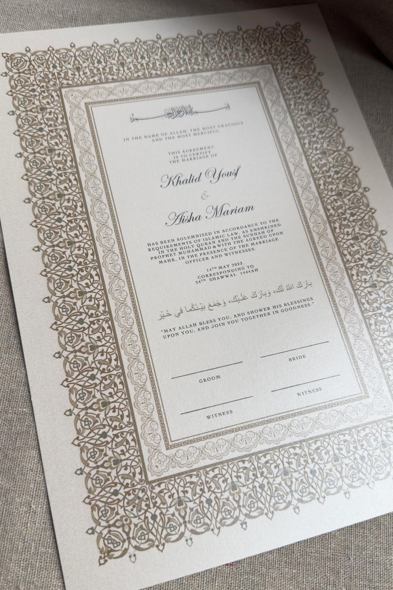Nikkah Certificate, Nikah Contract A4, Muslim Marriage Paper, Islamic ...