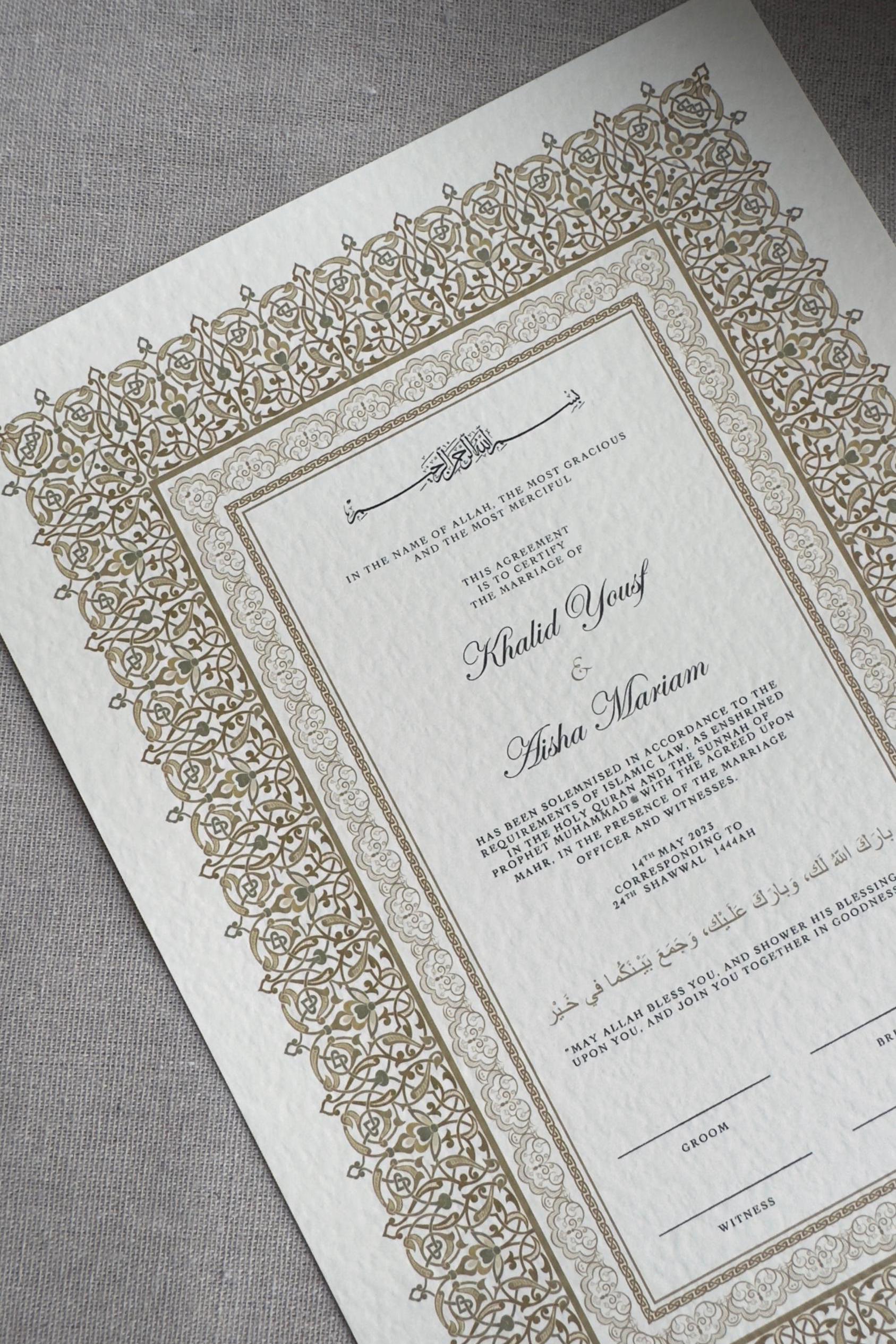 Nikkah Certificate, Nikah Contract A4, Muslim Marriage Paper, Islamic ...