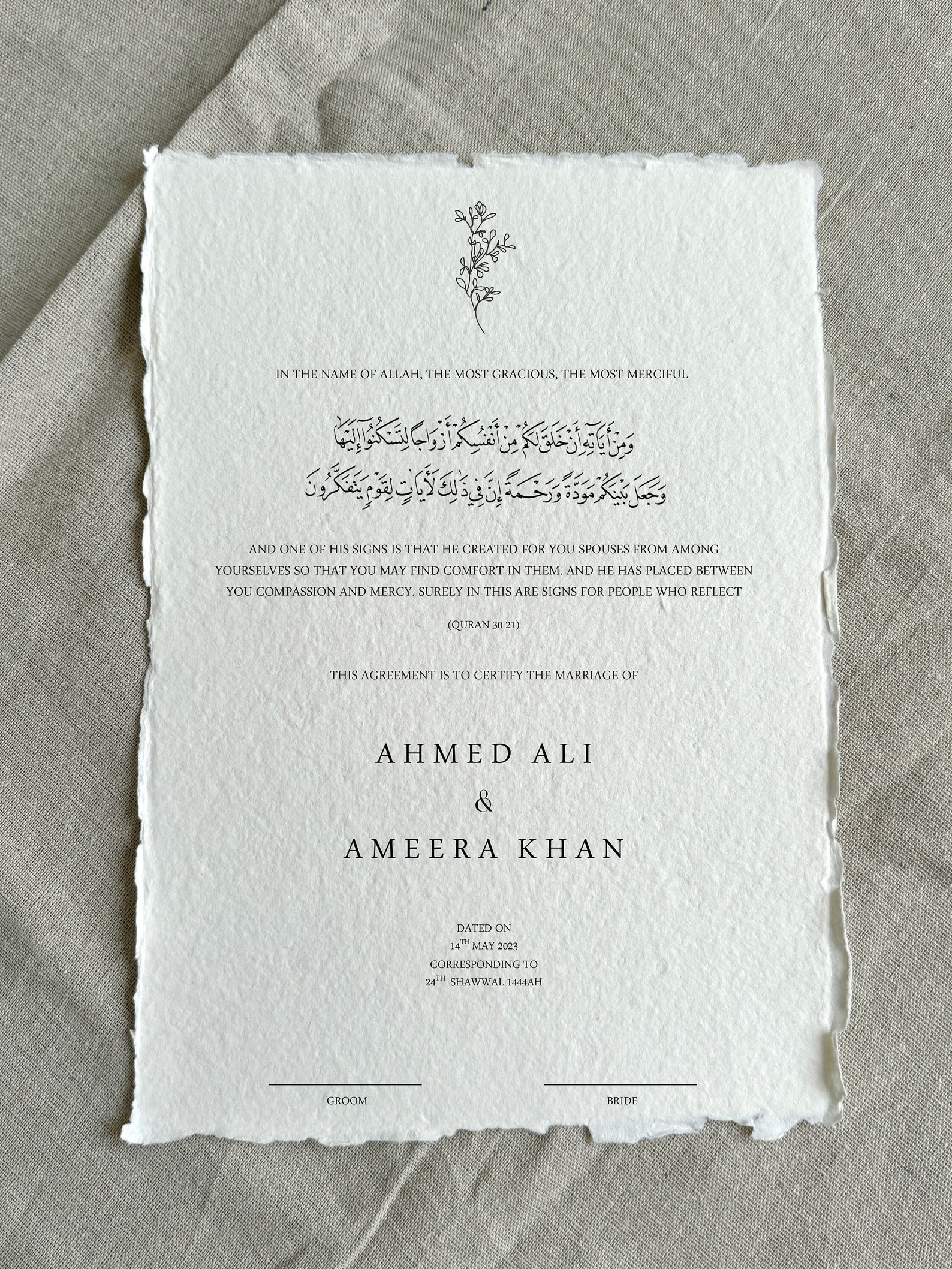 Nikah Certificate, Nikah Nama, Muslim Marriage Contract, Handmade ...