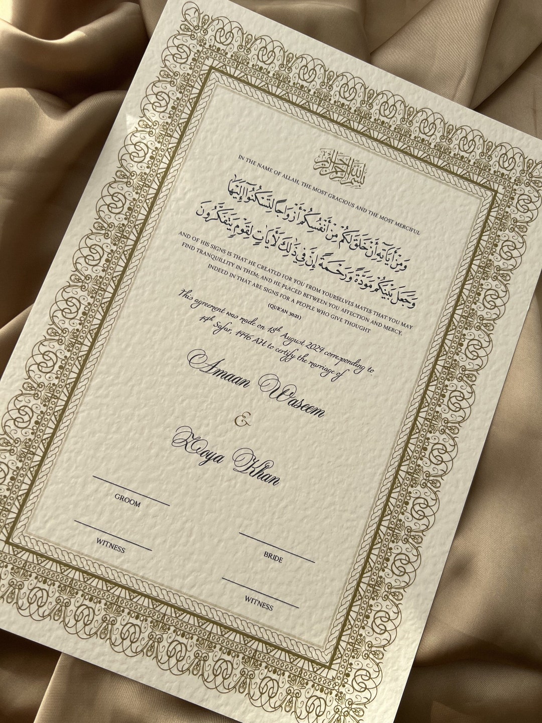Luxury Nikah Certificate, Islamic Wedding Contract, Nikkah Nama, Muslim ...