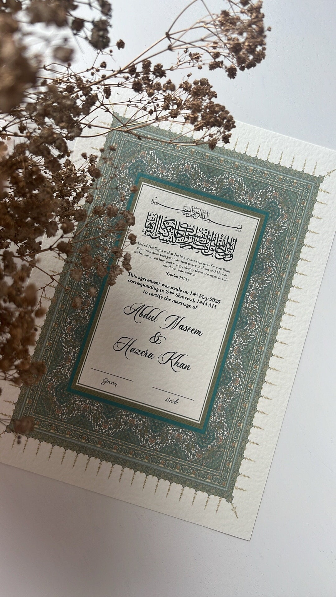 Premium Nikkah Certificate, Islamic Nikkah Contract, Nikah Nama Gift ...