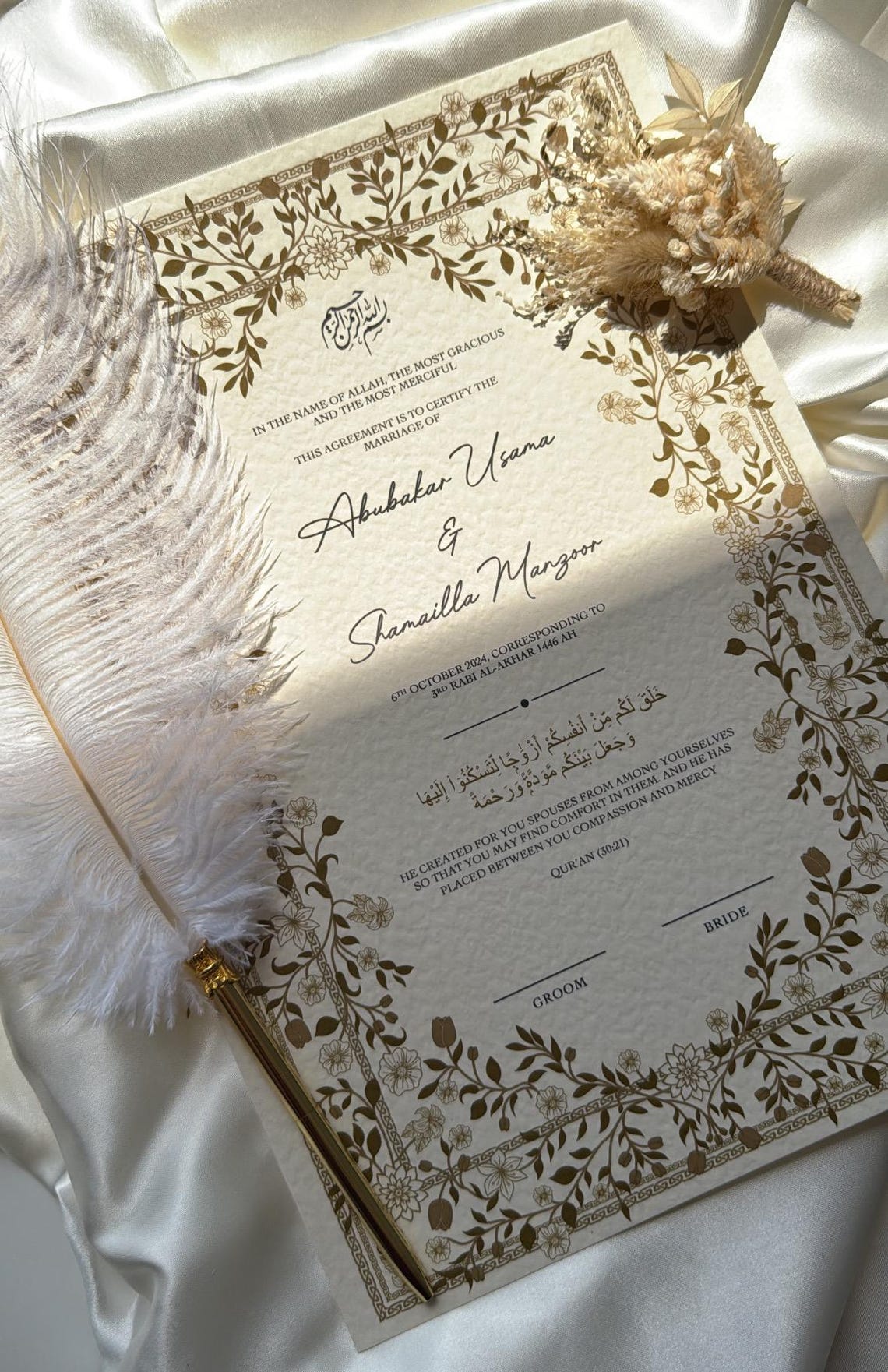 Nikah Certificate, Floral Nikah Nama Contract, Islamic Marriage ...