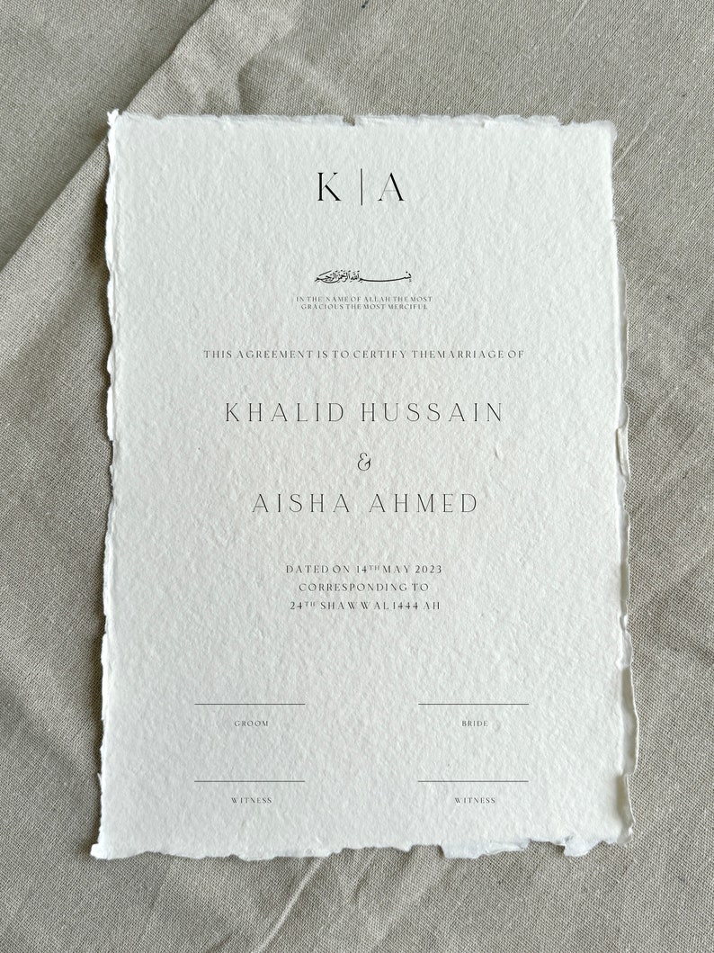 Premium Nikah Certificate, Handmade Cotton Paper, Deckle Edge Card ...
