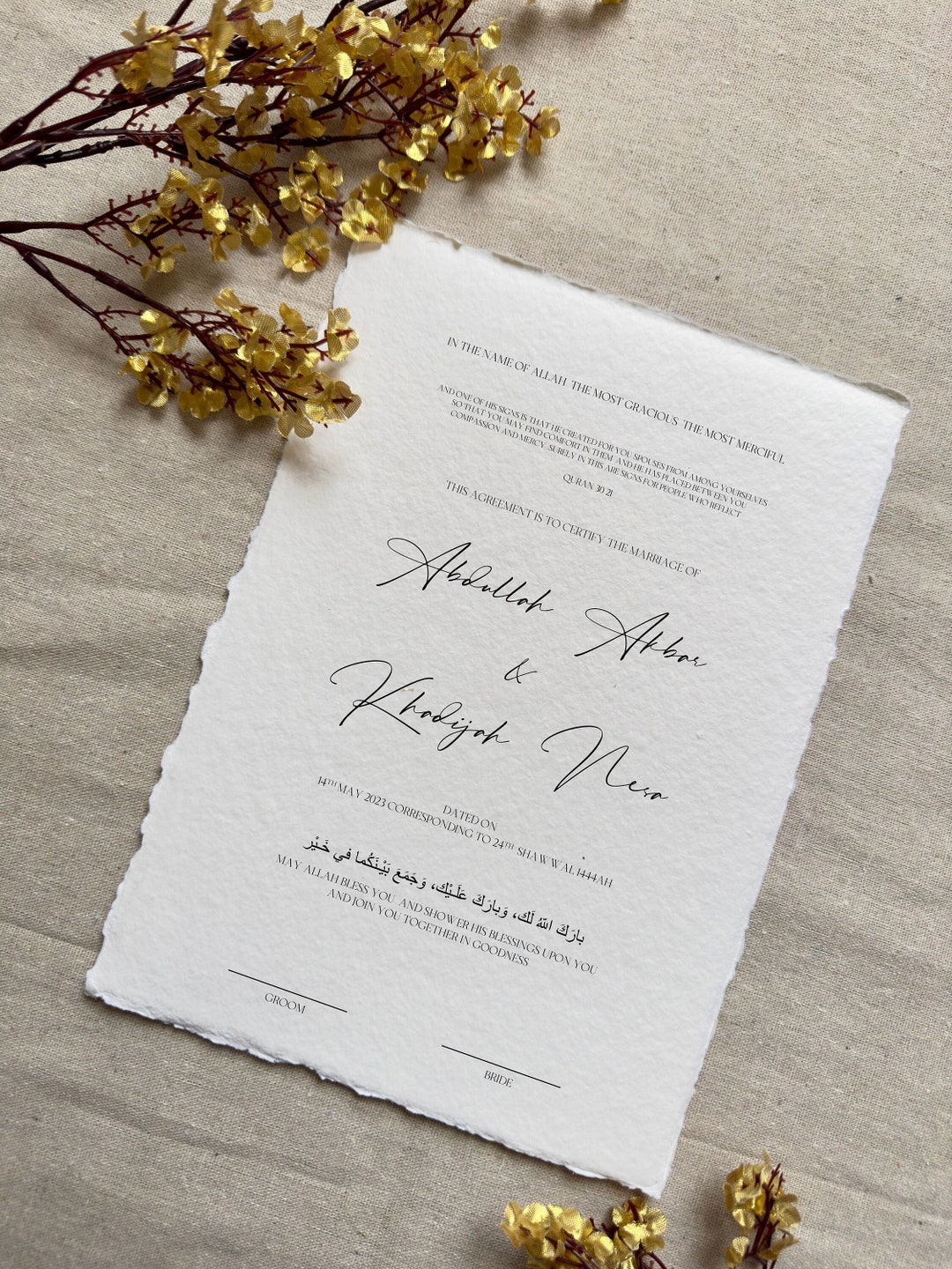 Premium Nikah Certificate, Handmade Cotton Paper, Deckle Edge Card ...