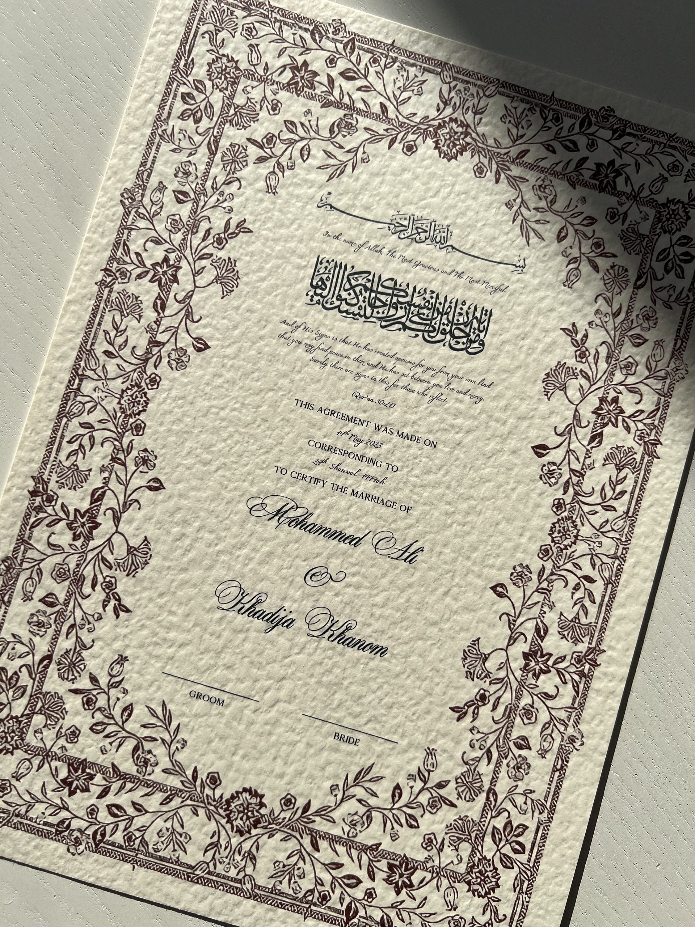Floral Nikkah Certificate A4, Islamic Wedding Contract, Nikkah Nama ...