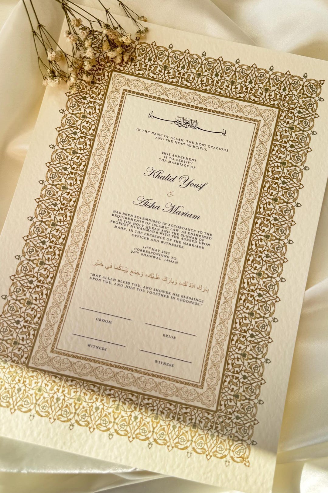 Nikkah Certificate, Nikah Contract A4, Muslim Marriage Paper, Islamic ...