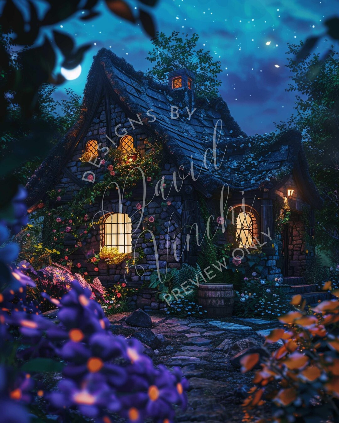 Enchanted Cottage at Night Printable Wall Art – Fairycore Digital Decor ...