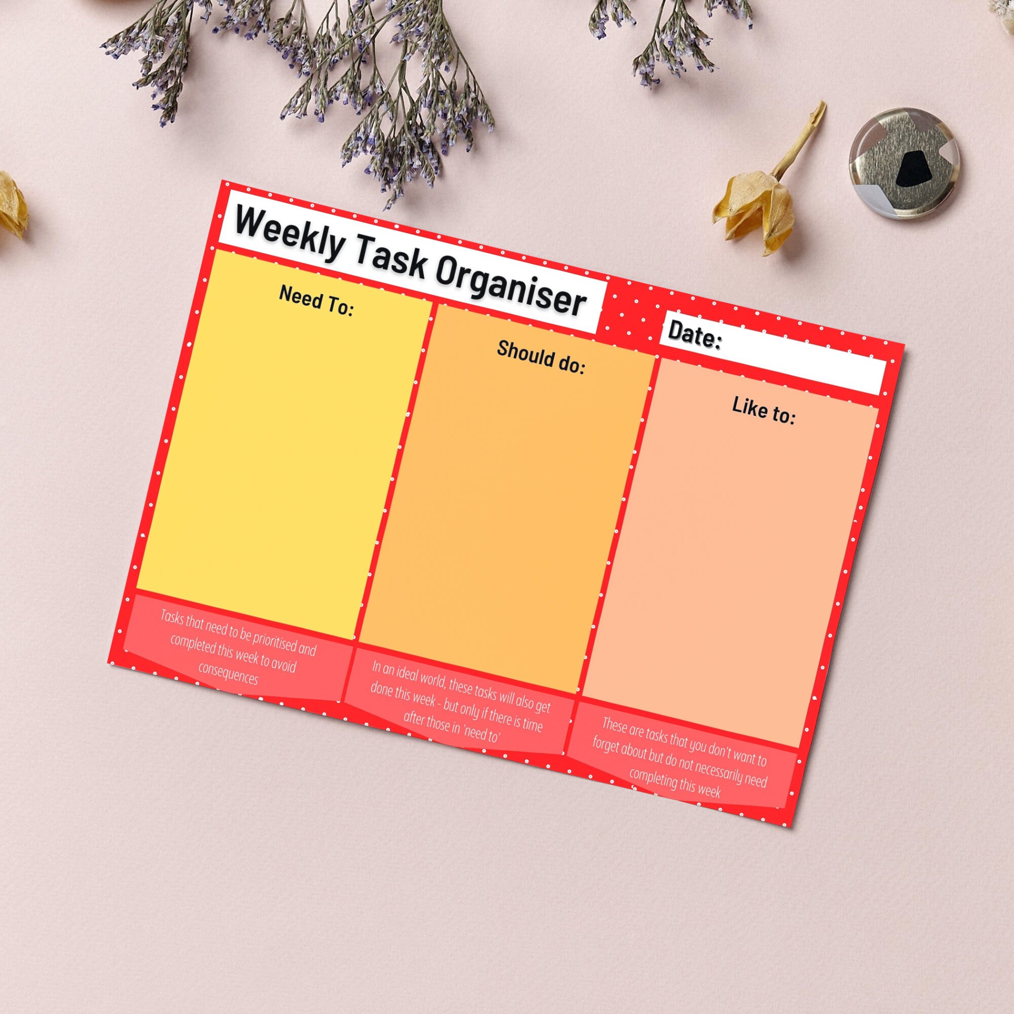 Weekly Task Organiser Digital A4 Planner Download - Etsy