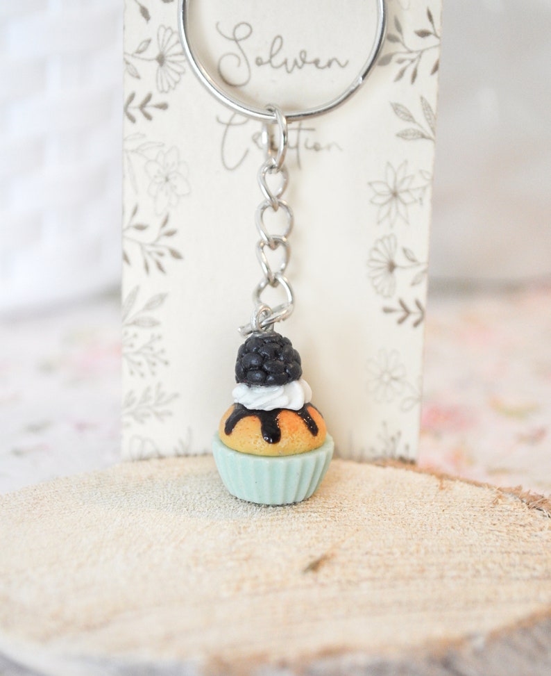 Blue Cupcake Key Ring With Dark Chocolate Whipped Cream and Blackberry ...