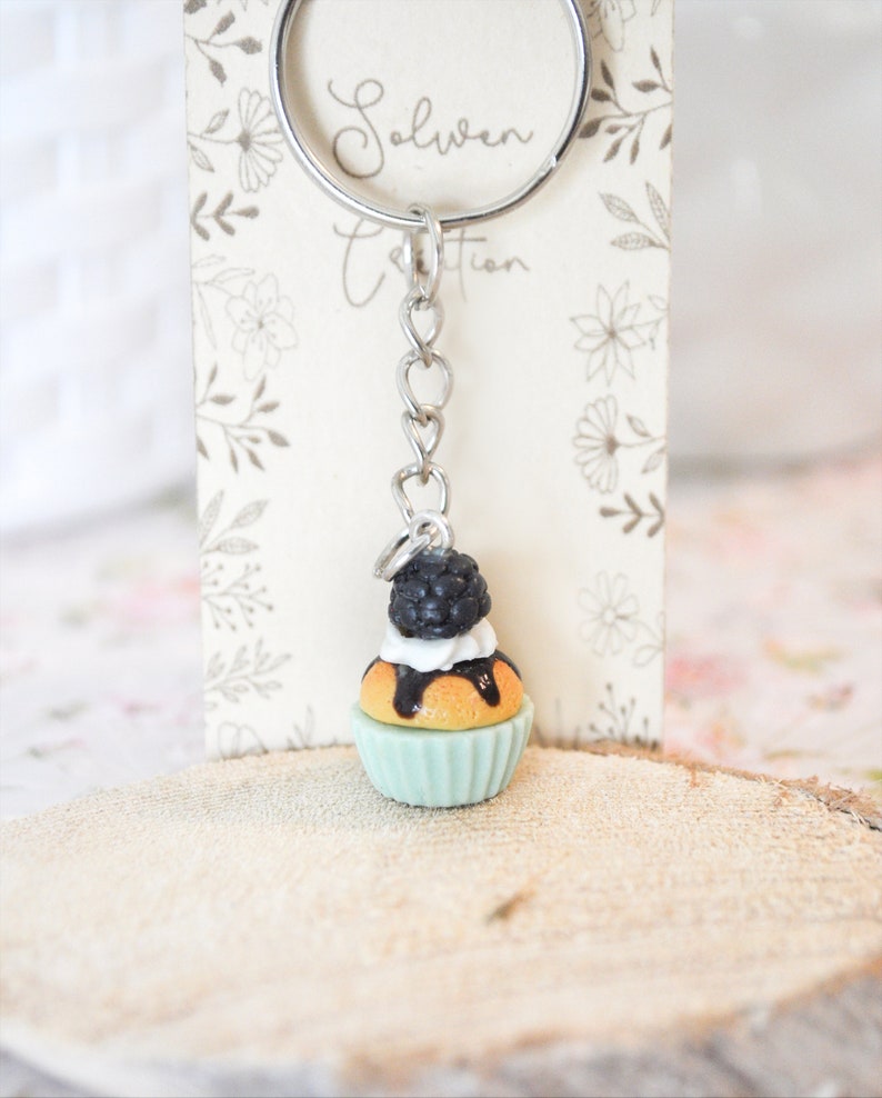 Blue Cupcake Key Ring With Dark Chocolate Whipped Cream and Blackberry ...
